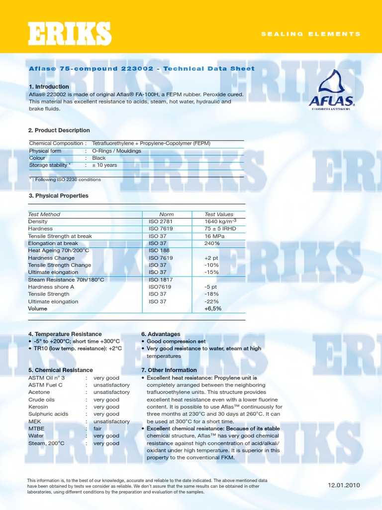 Eriks - Datasheet - Aflas 75-Compound 223002 PDF | PDF | Chemical ...