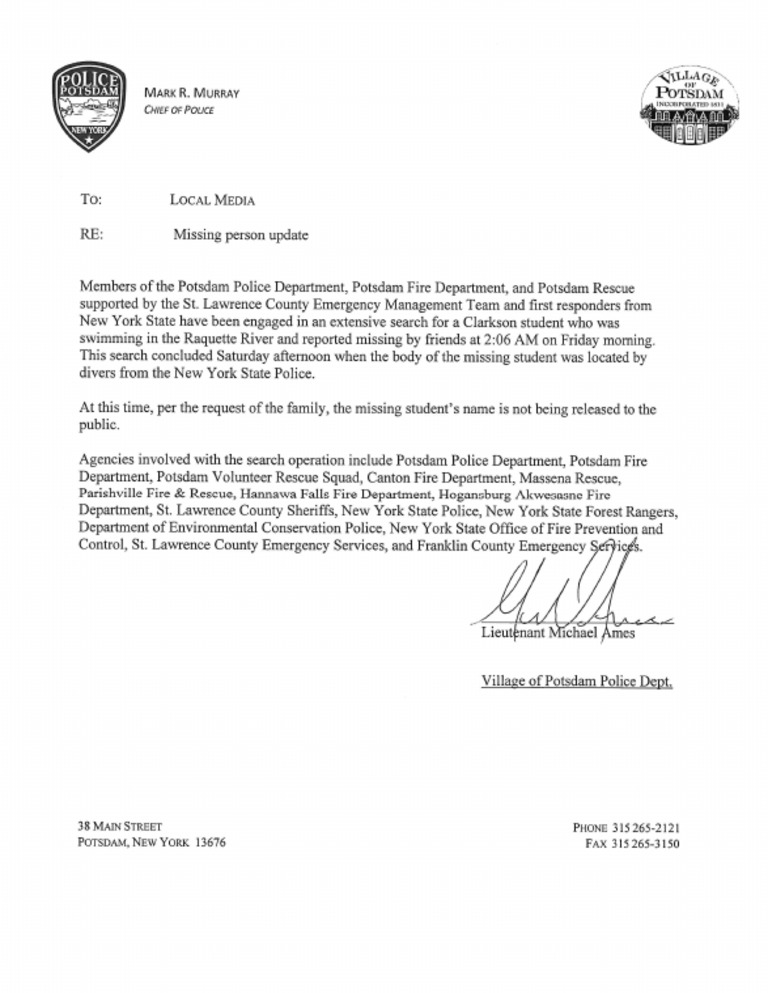 Potsdam Village Police Department Update Missing Person | PDF