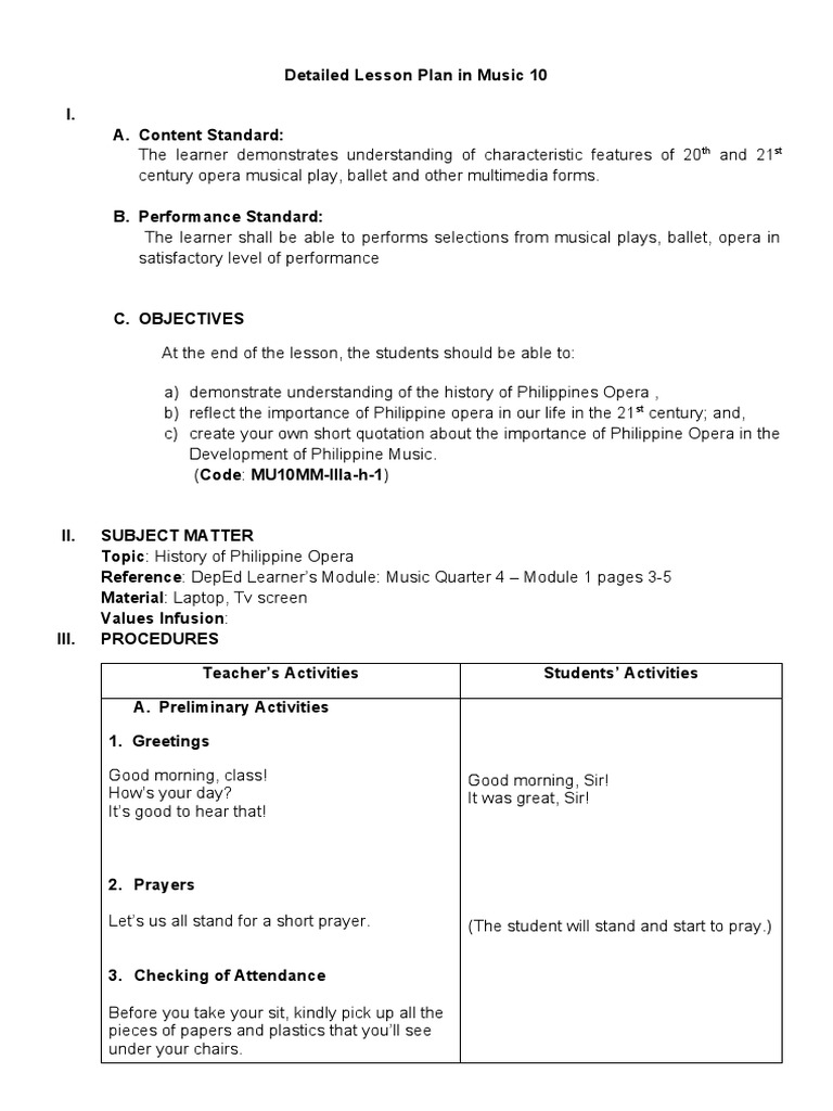 DETAILED-LESSON-PLAN-IN-MUSIC-10-4TH-QUARTER | PDF | Philippines | Opera