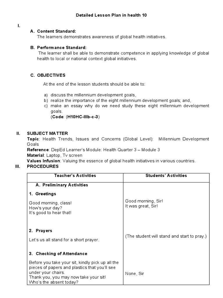Health Lesson: Millennium Goals Overview | PDF | Millennium Development ...
