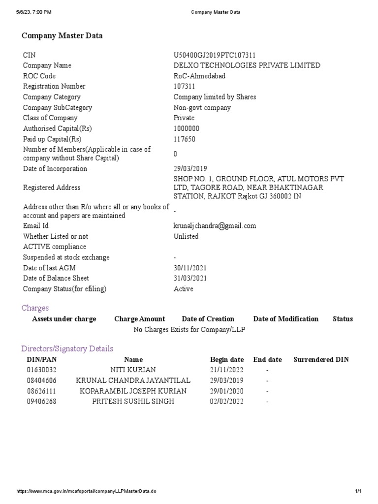 Company Master Data Report for DELXO TECHNOLOGIES PRIVATE LIMITED Summarizing Key Details Such ...