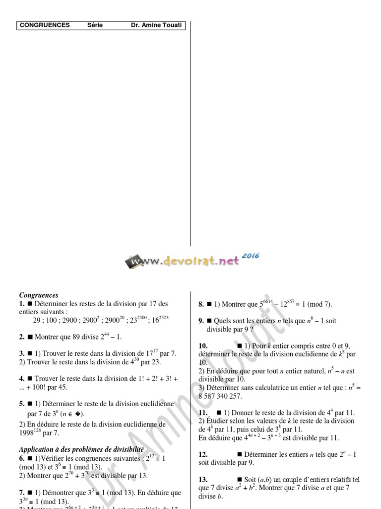 Série de Révision Lycée Pilote Avec Correction - Math - Congruences - Bac Mathématiques (2015 ...