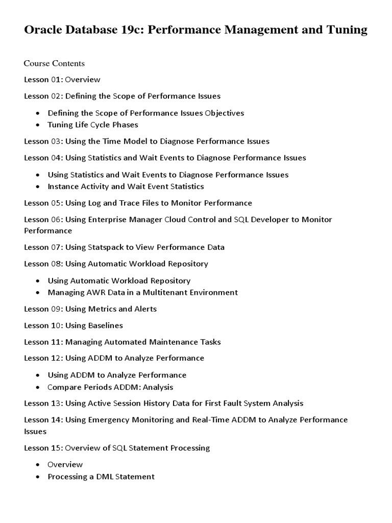 Oracle Database 19c: Performance Management and Tuning | PDF | Databases | Sql