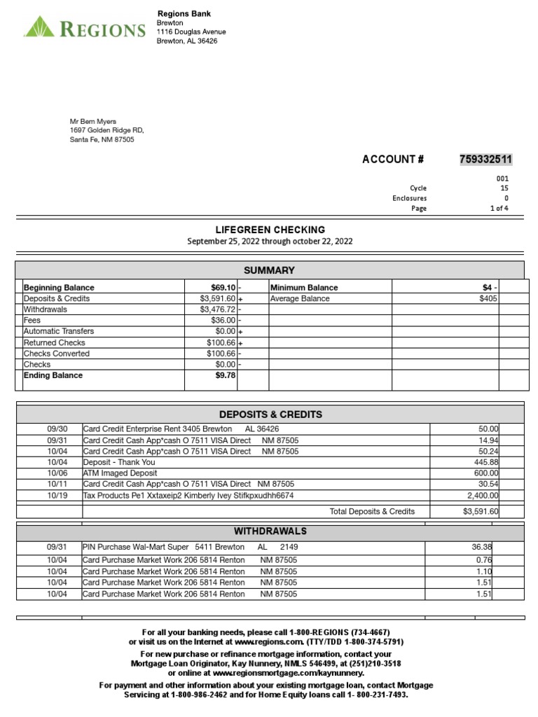 Regions Bank Statement | PDF | Credit Card | Visa Inc.