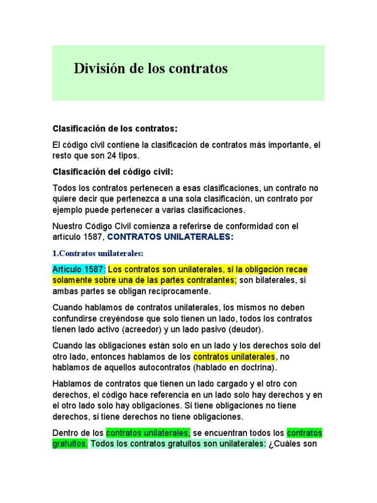 Clasificación de Contratos: Unilaterales y Bilaterales | PDF