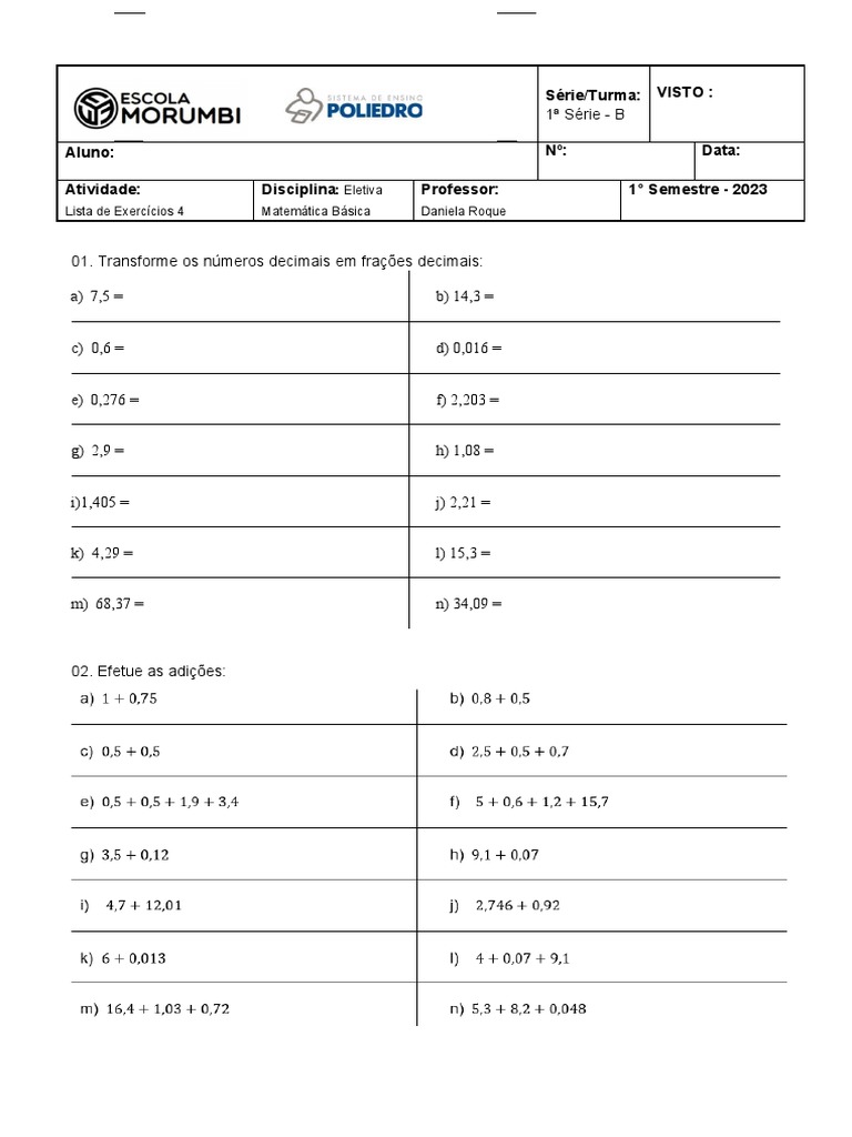 Eletiva Matemática Básica Lista 4 Pdf