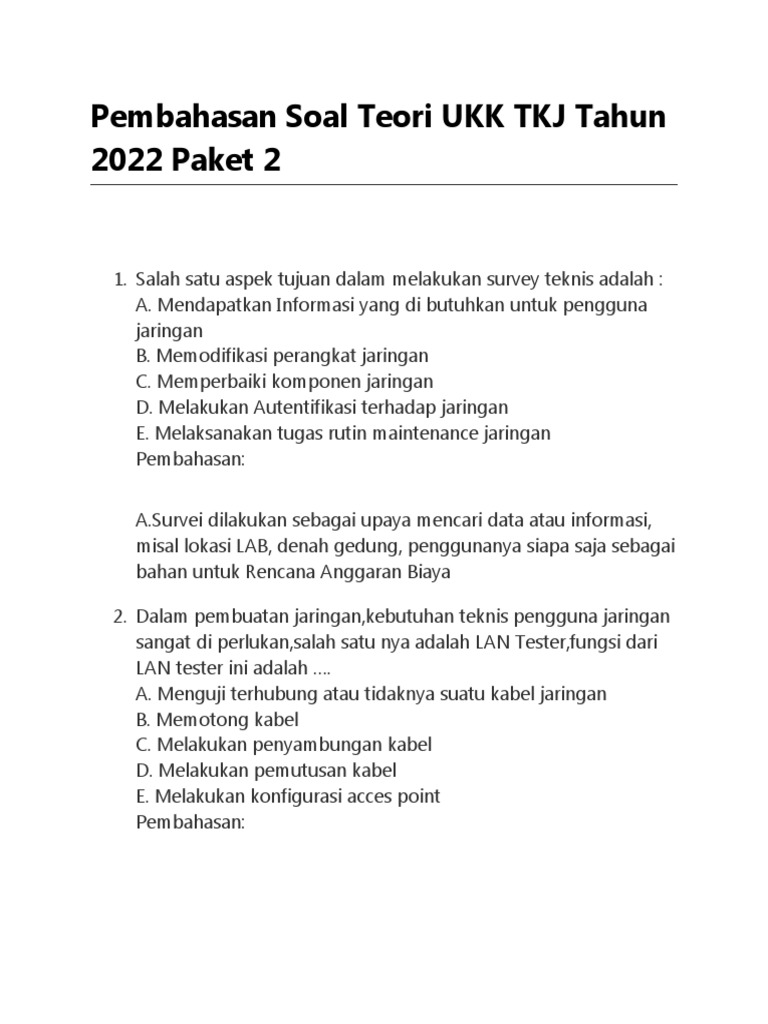 Pembahasan Soal Teori UKK TKJ Tahun 2022 Paket 2 | PDF