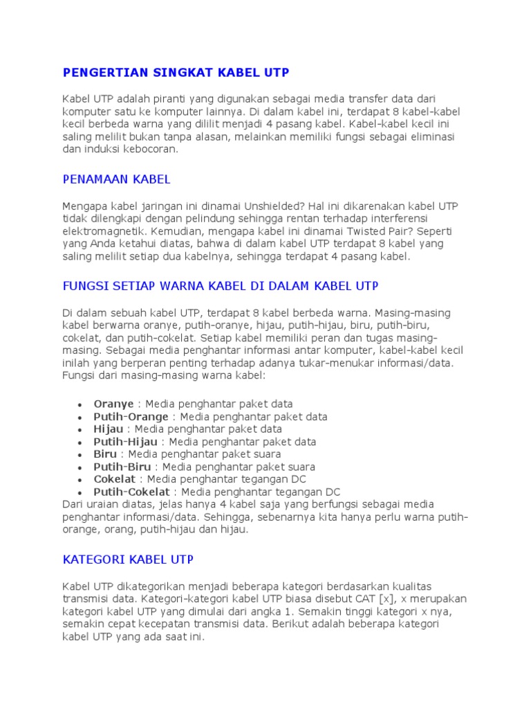 Pengertian Singkat Kabel Utp | PDF