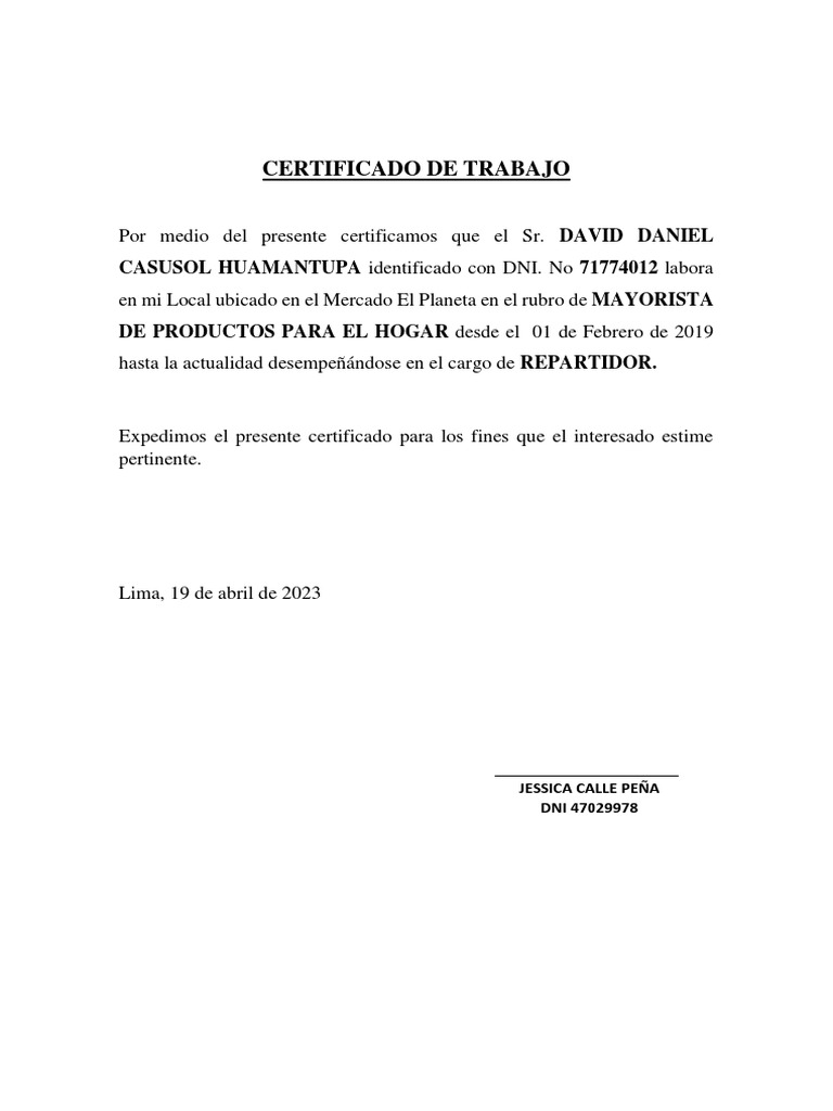CERTIFICADO DE TRABAJO David PDF | PDF