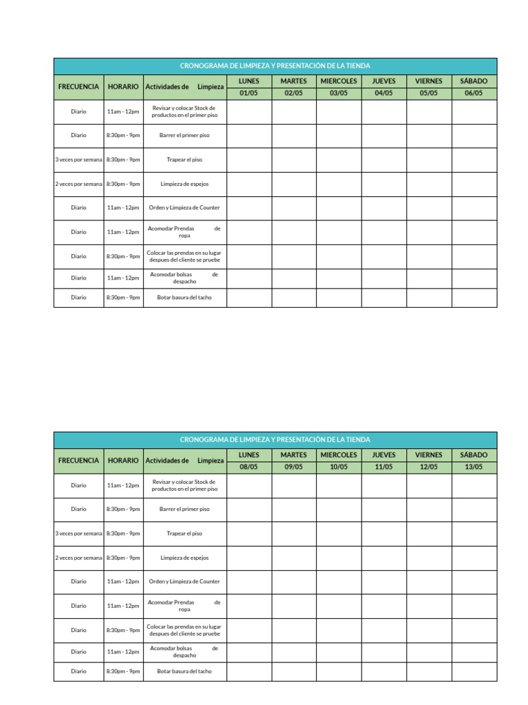Cronograma de Limpieza y Presentación de La Tienda - Mayo PDF | PDF