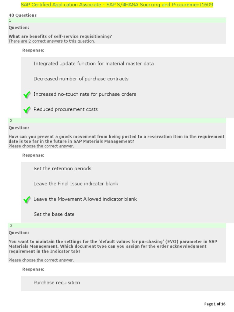 40 Answers Questions-S4 HANA Sourcing and Procurement Associate PDF | PDF | Supply Chain ...
