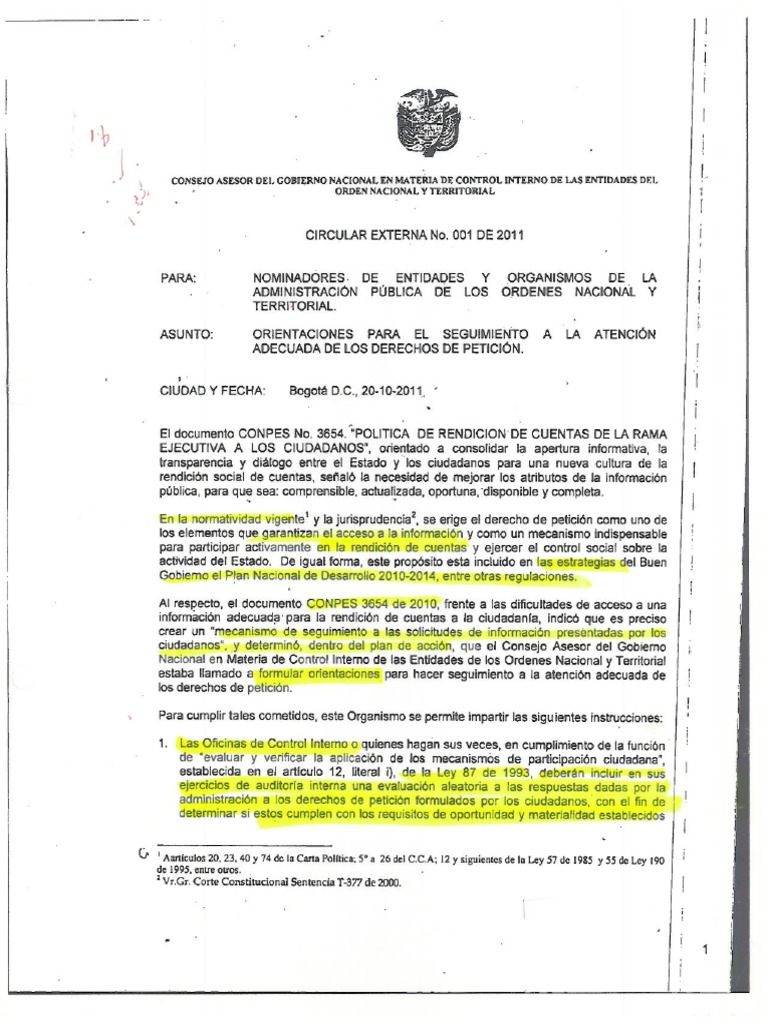 Circular Externa 001 de 2011 Del Consejo Asesor Del Gobierno en Materia ...
