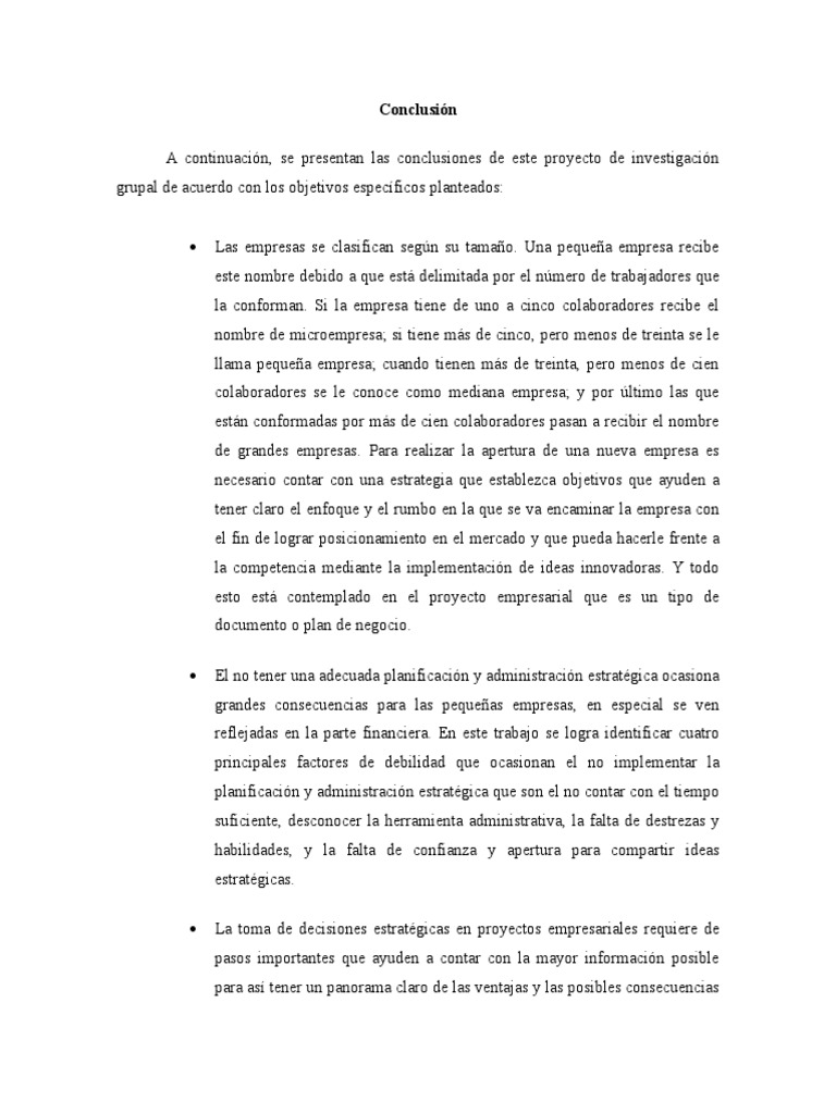 Conclusión del proyecto.docx | PDF | Pequeñas y medianas empresas | Planificación