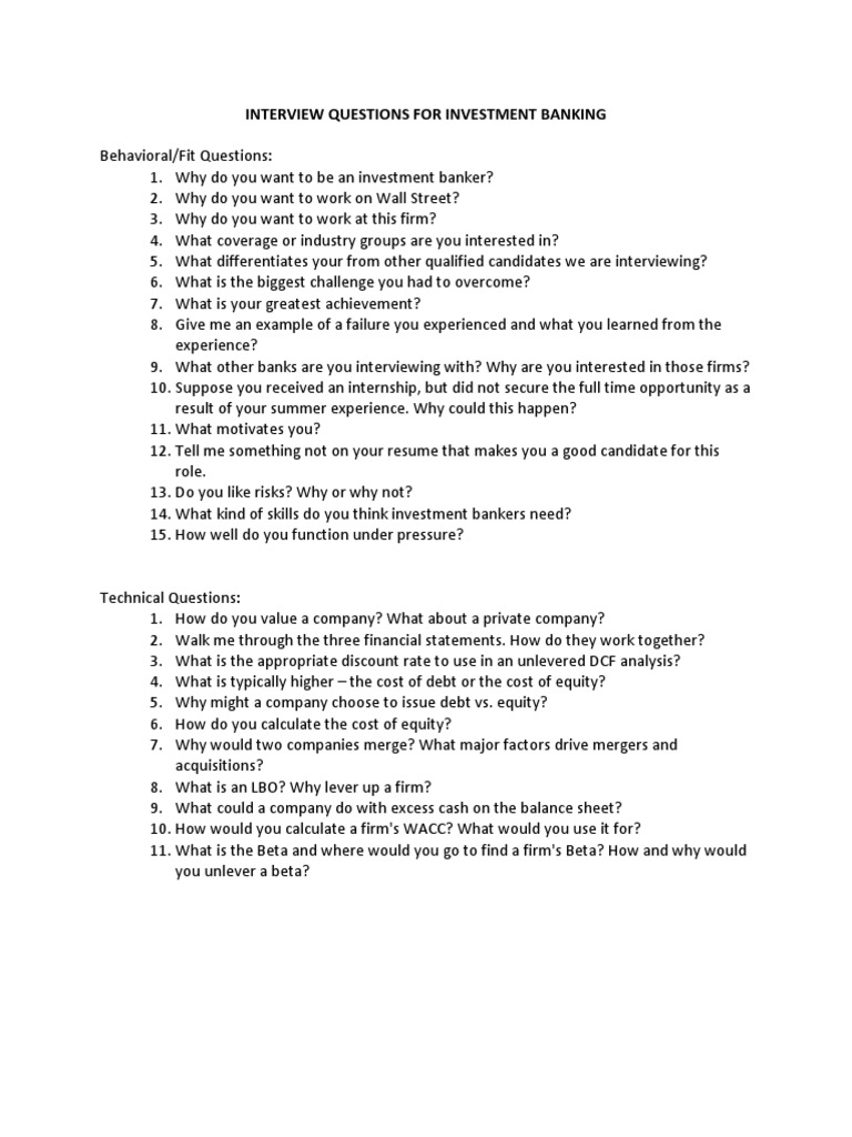 Some Interview Questions For Investment Banking PDF | PDF