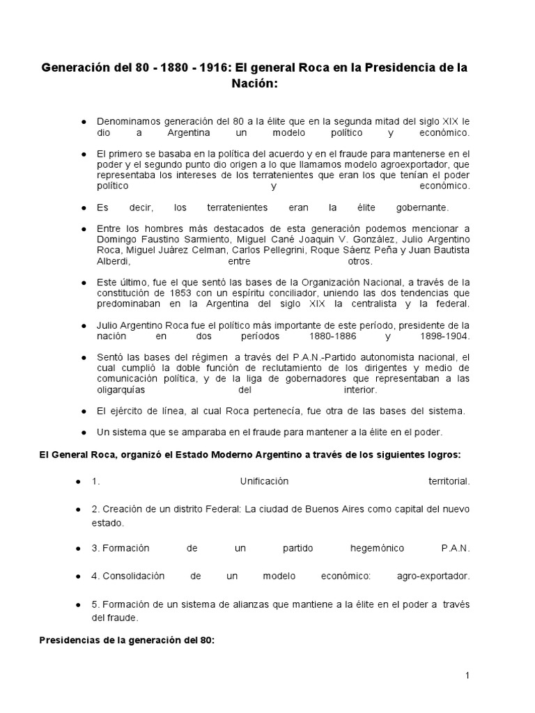 Generación Del 80 - 1880 - 1916 - El General Roca en La Presidencia de ...