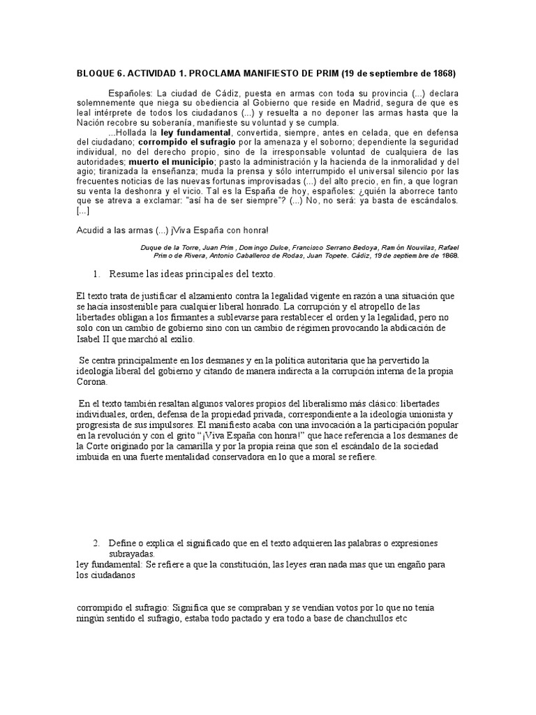 PRÁCTICA 1 BLOQUE 6. PROCLAMA MANIFIESTO DE PRIM .docx | PDF