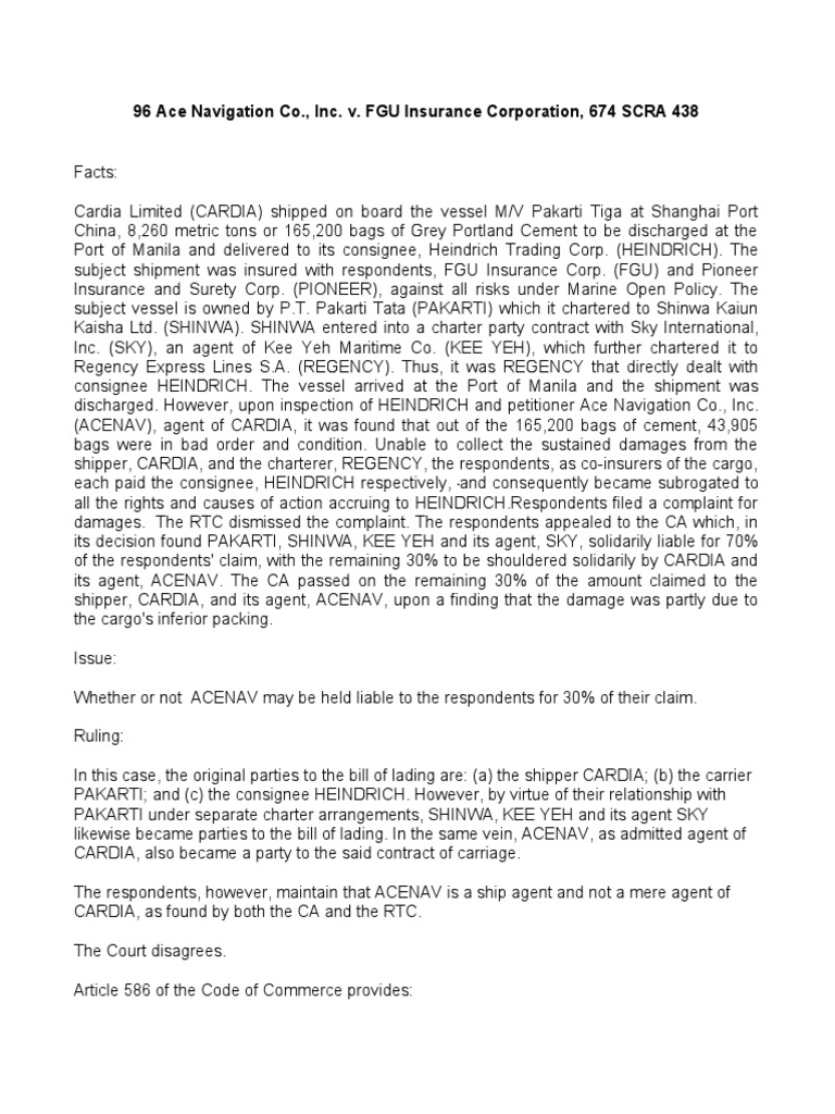 96.ace Navigation Co Inc vs. FGU Insurance Corporation | PDF