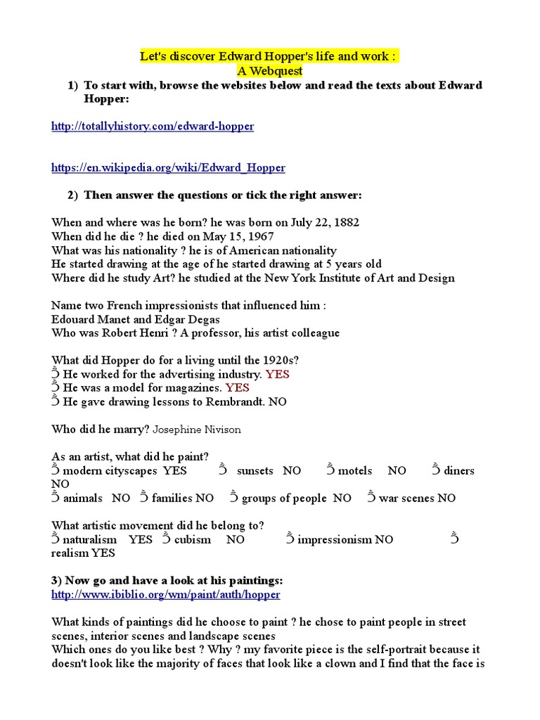 EDWARD HOPPER A WEBQUEST (1) .Odt | PDF