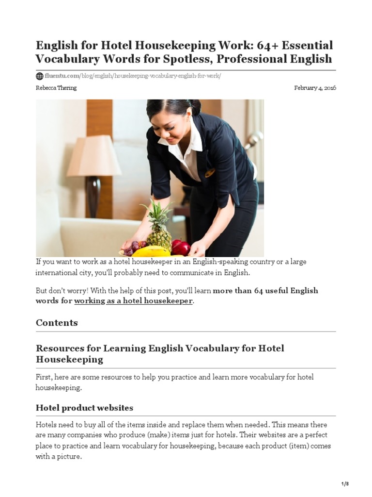 Housekeeping Vocabulary English For Work PDF | PDF
