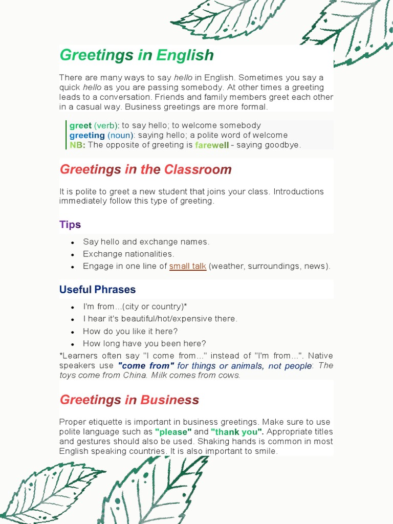 Ways to Say Hello and Greet People in English Situations | PDF | Human ...