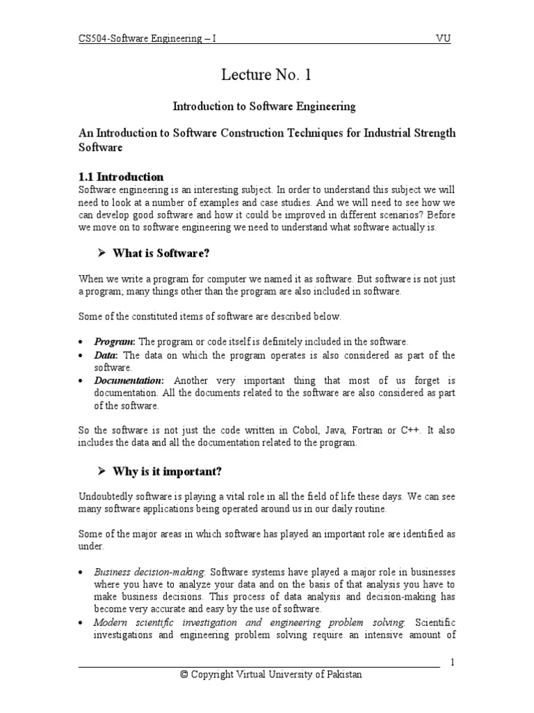Software Engineering - I - CS504 Handouts PDF | PDF