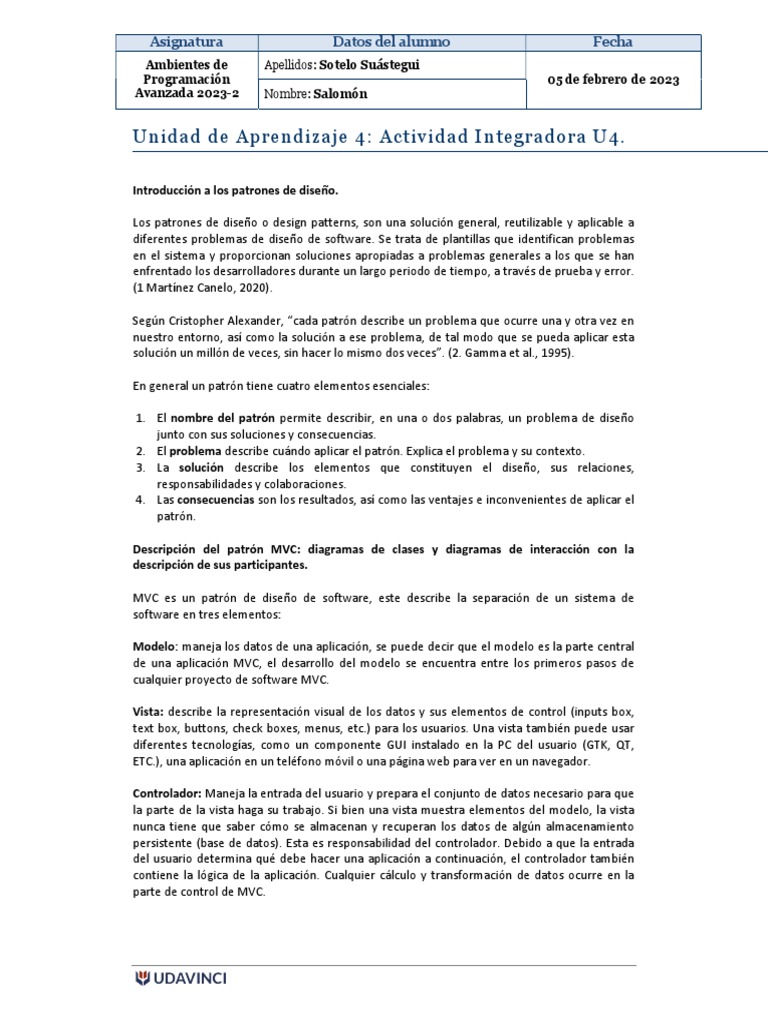 Actividad Integradora U4 - Salomon Sotelo Suastegui PDF | PDF | Patrón de diseño de software ...
