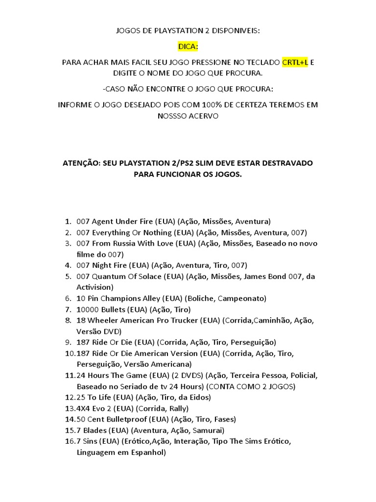 Lista Completa de Jogos de PS2 | PDF