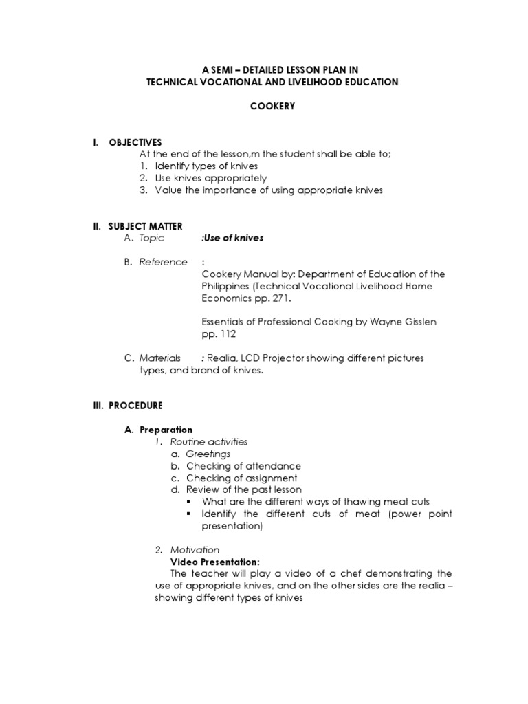 Grade 8 Cookery Knife Lesson Plan | PDF