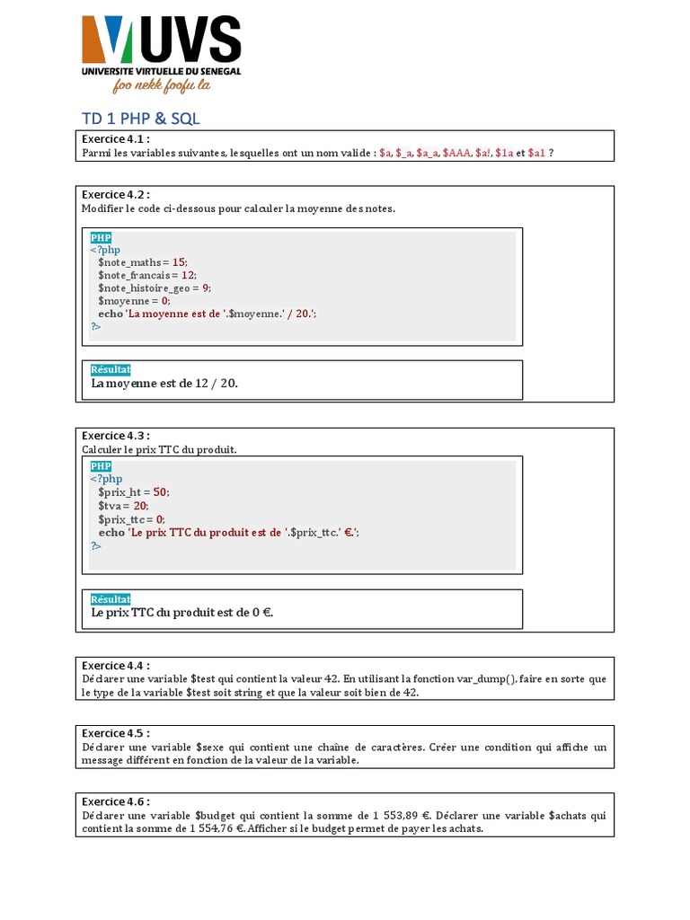 TD PHP & SQL : Variables, Calculs et Conditions | PDF