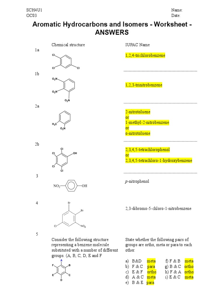 OC03 - Aromatic Hydrocarbons - Worksheet - ANSWERS.pdf | PDF