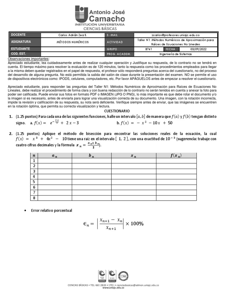 Taller N°1 Métodos Numéricos PDF | PDF | Análisis numérico | Matemáticas Aplicadas