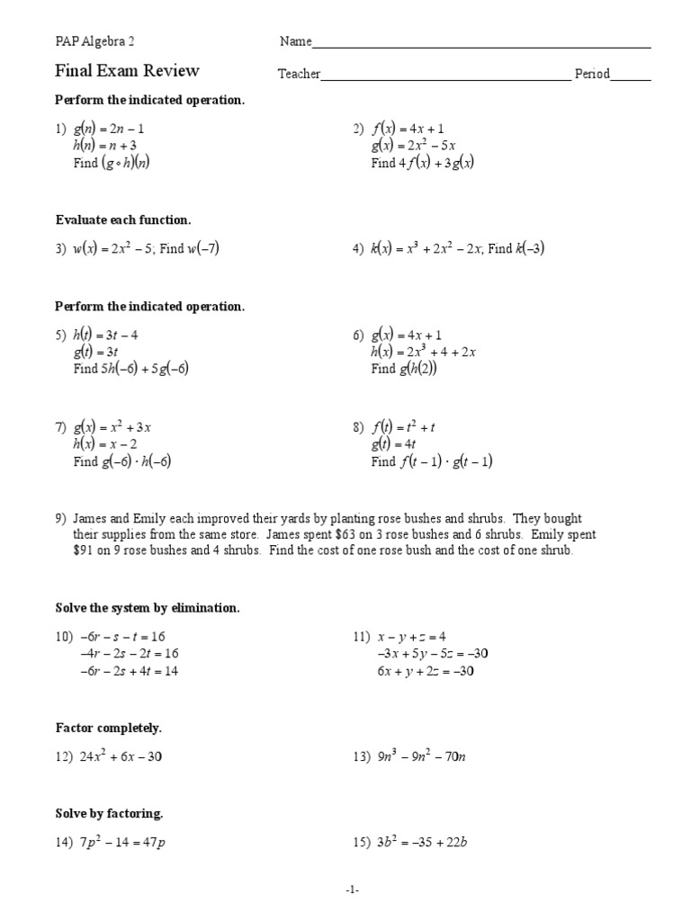 Algebra 2 Final Exam Review Worksheet | PDF