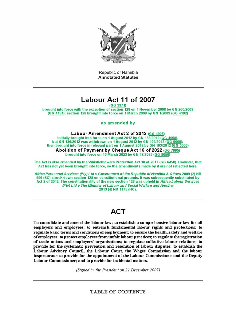 Namibia Labour Act 11 of 2007 Overview | PDF