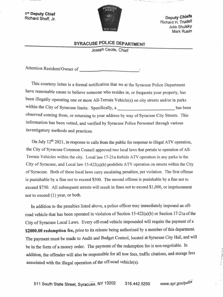 Syracuse Police Department Courtesy Letter For Those Operating Illegal ...