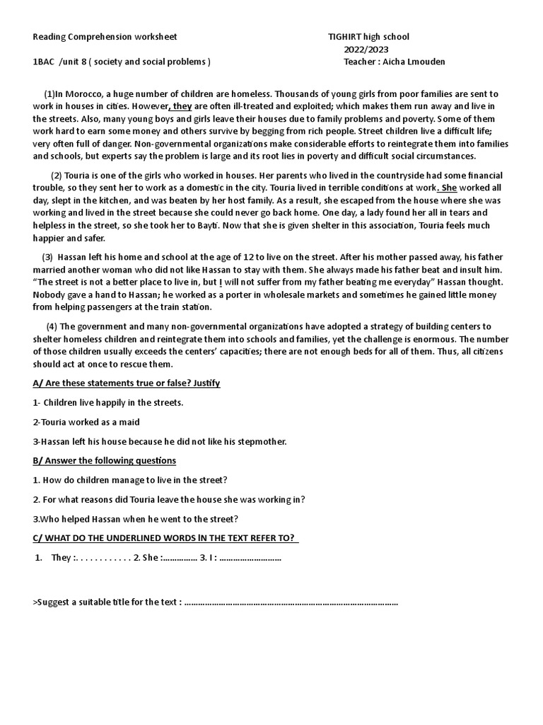 Reading Comprehension Worksheet Unit 8 Pdf
