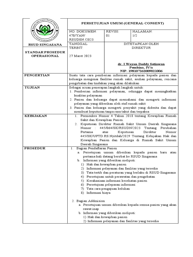 Persetujuan Umum RSUD Singasana | PDF