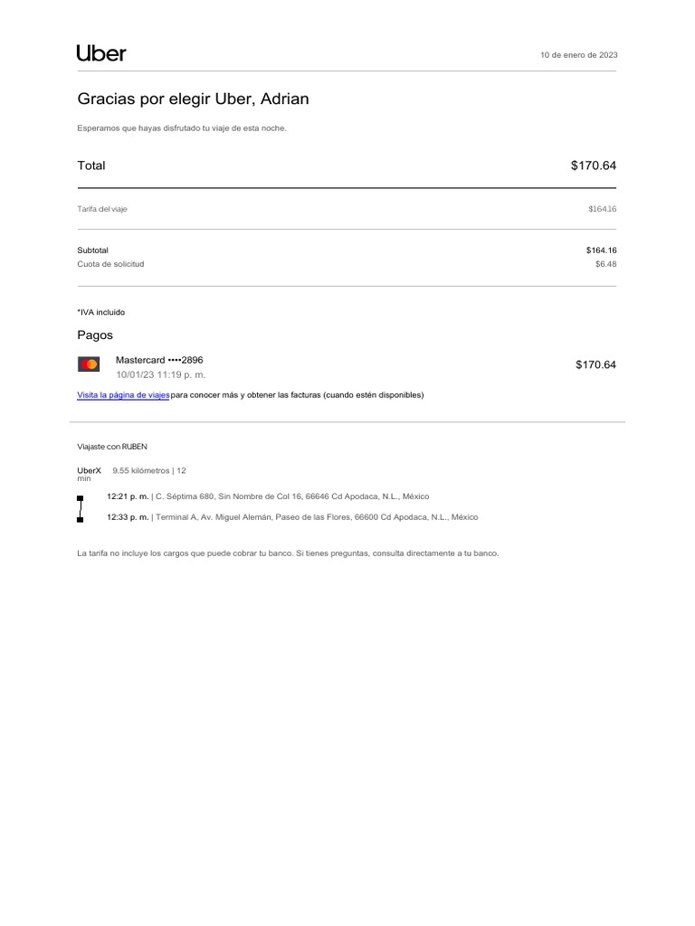 Viaje Uber Adrian 170 | PDF