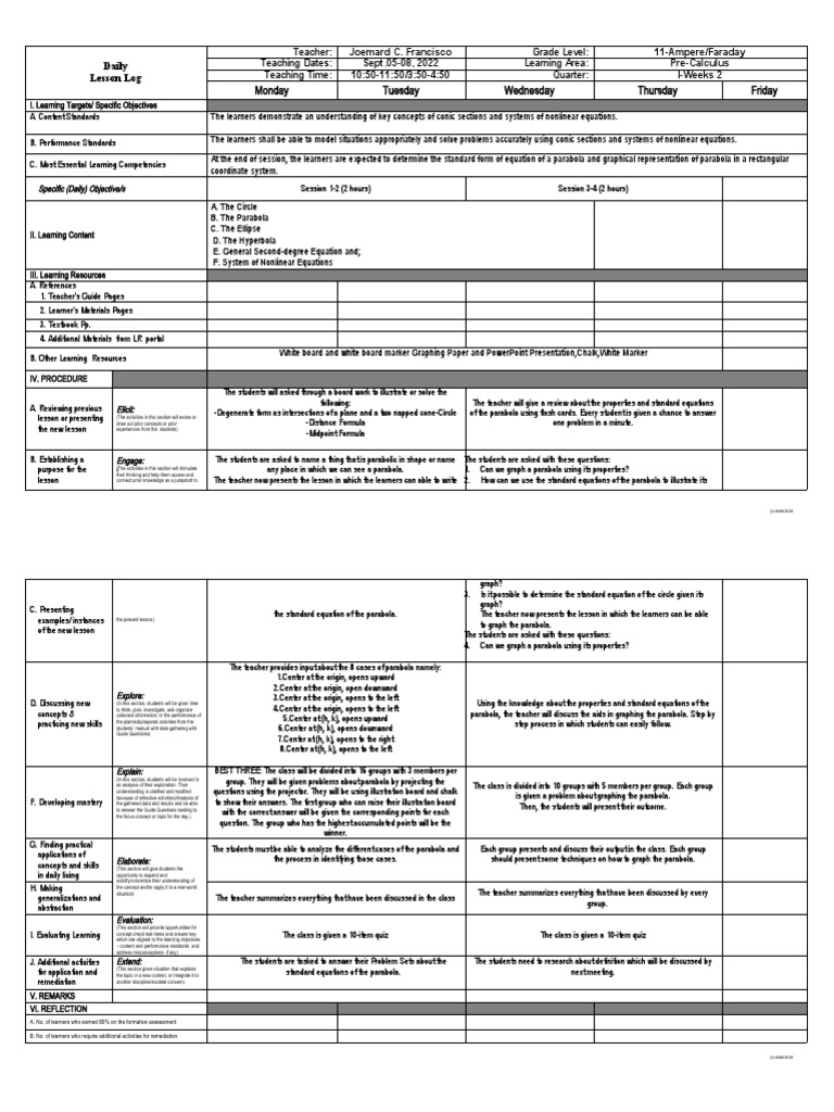 Pre-Calculus Lesson Plan: Parabolas | PDF