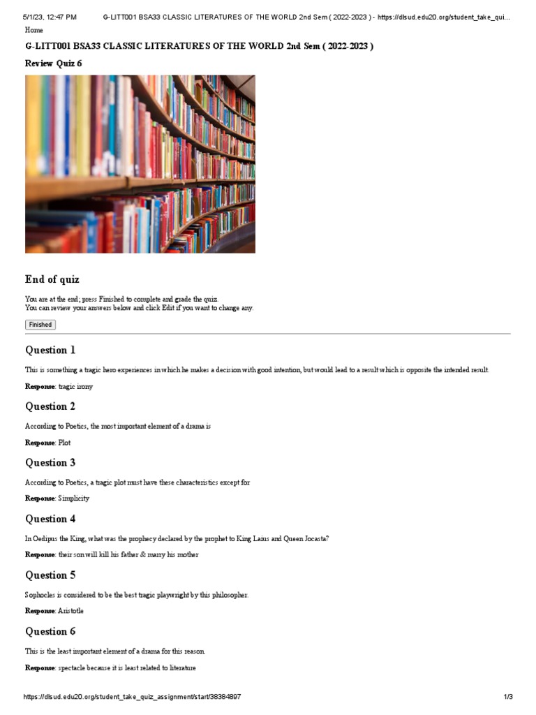End of Quiz: G-Litt001 Bsa33 Classic Literatures of The World 2Nd Sem ...