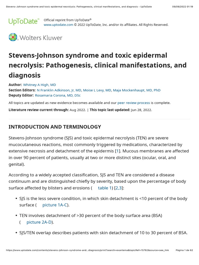 Stevens-Johnson syndrome and toxic epidermal necrolysis: Pathogenesis, clinical manifestations ...