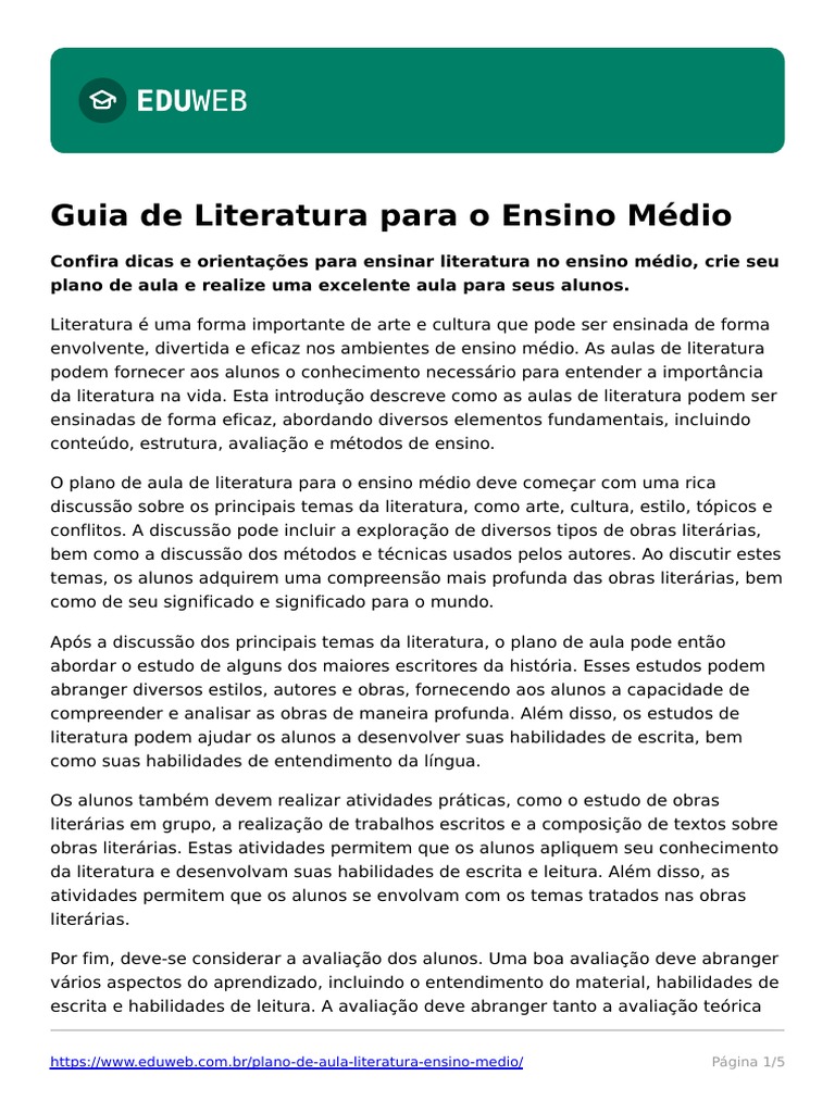Plano de Aula Literatura Ensino Medio PDF | PDF | Lição | Conhecimento