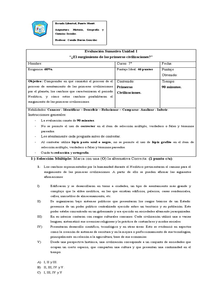Prueba 7º Basico A B Edad Primeras Civilizaciones Pdf