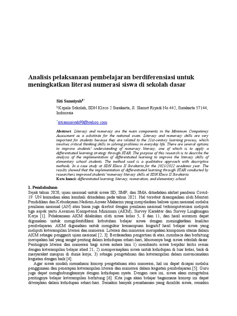 Analisis Pelaksanaan Pembelajaran Berdiferensiasi Untuk - Meningkatkan Literasi Numerasi Siswa D ...
