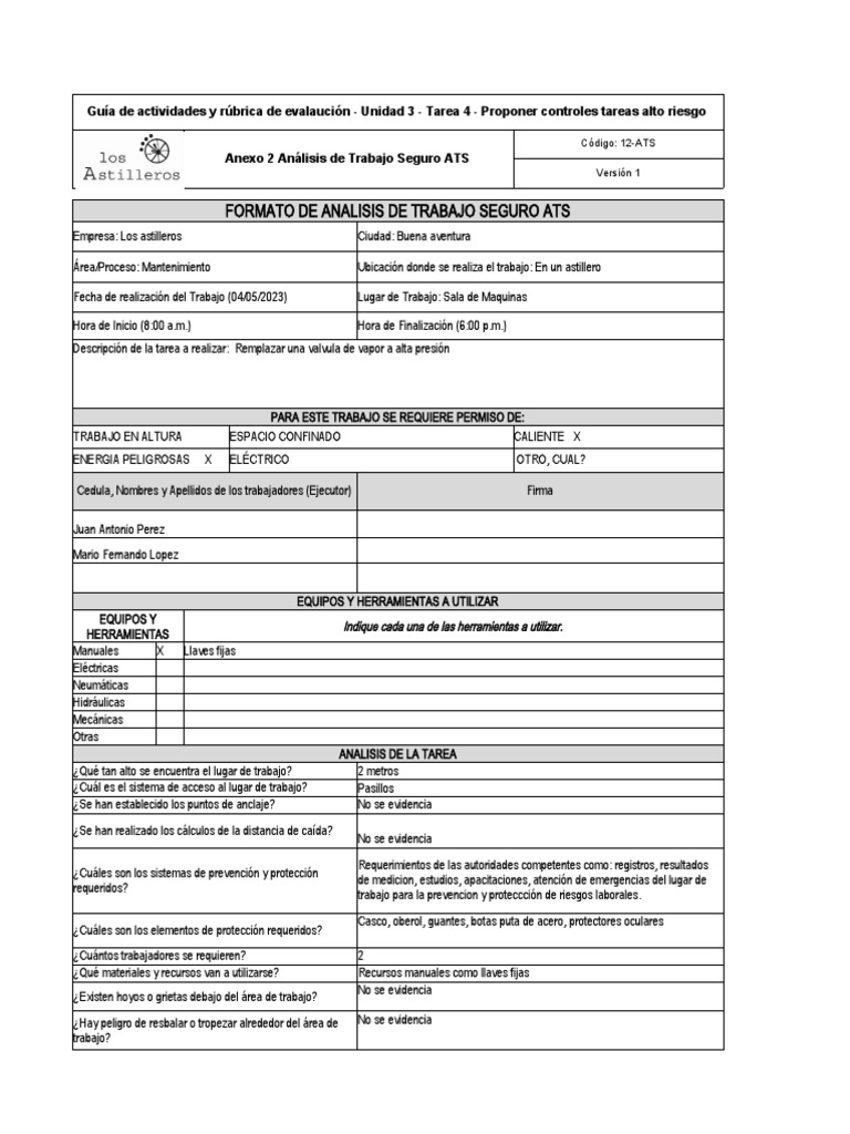 Anexo 2 Análisis de Trabajo Seguro ATS - Ivan Vergara | PDF