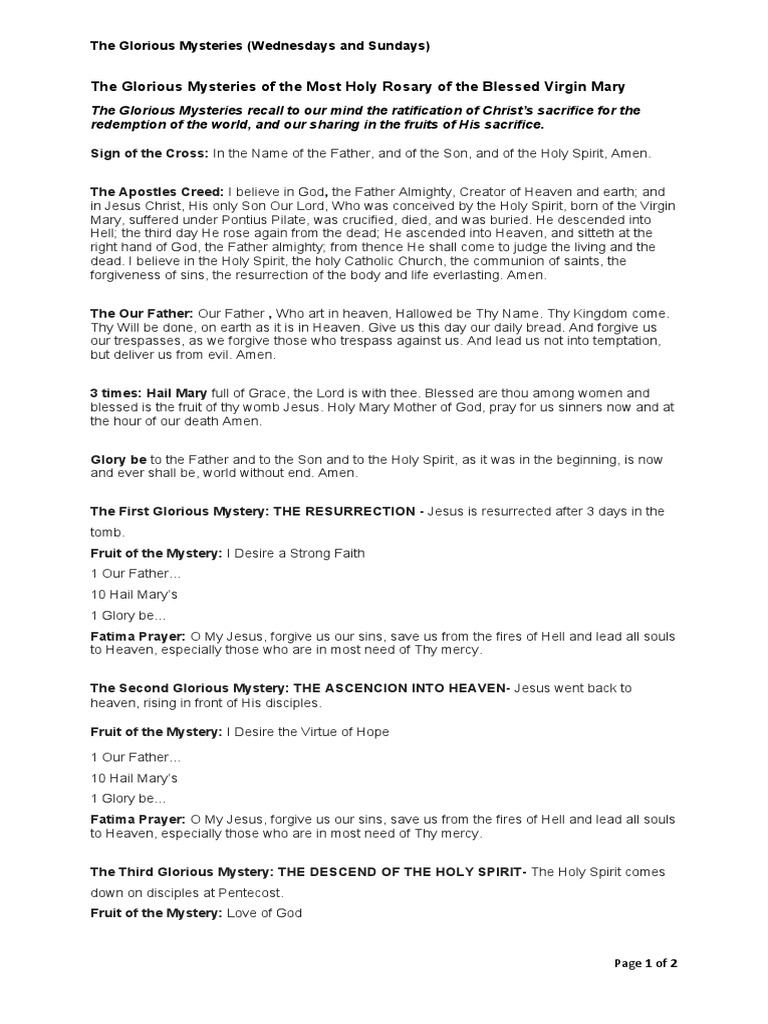 The Glorious Mysteries of The Most Holy Rosary of The Blessed Virgin ...