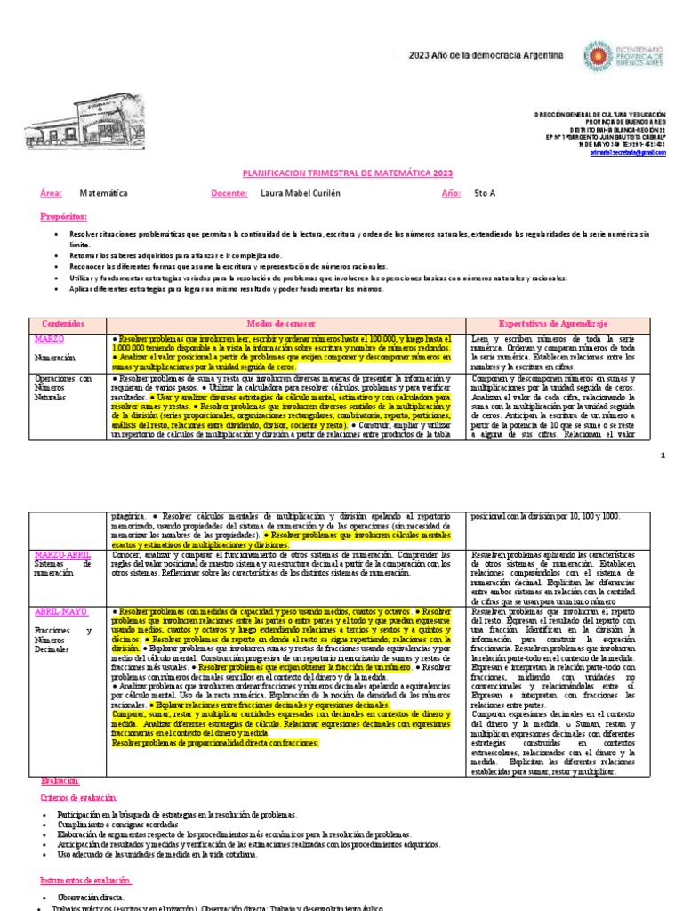 Planificacion Cuatrimestral de Matematica 5to Año | PDF | División ...