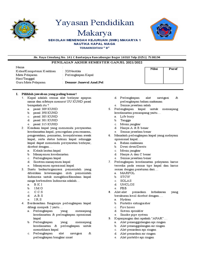 UAS XI Perlengkapan Kapal Sem 1 | PDF | Teknologi & Rekayasa