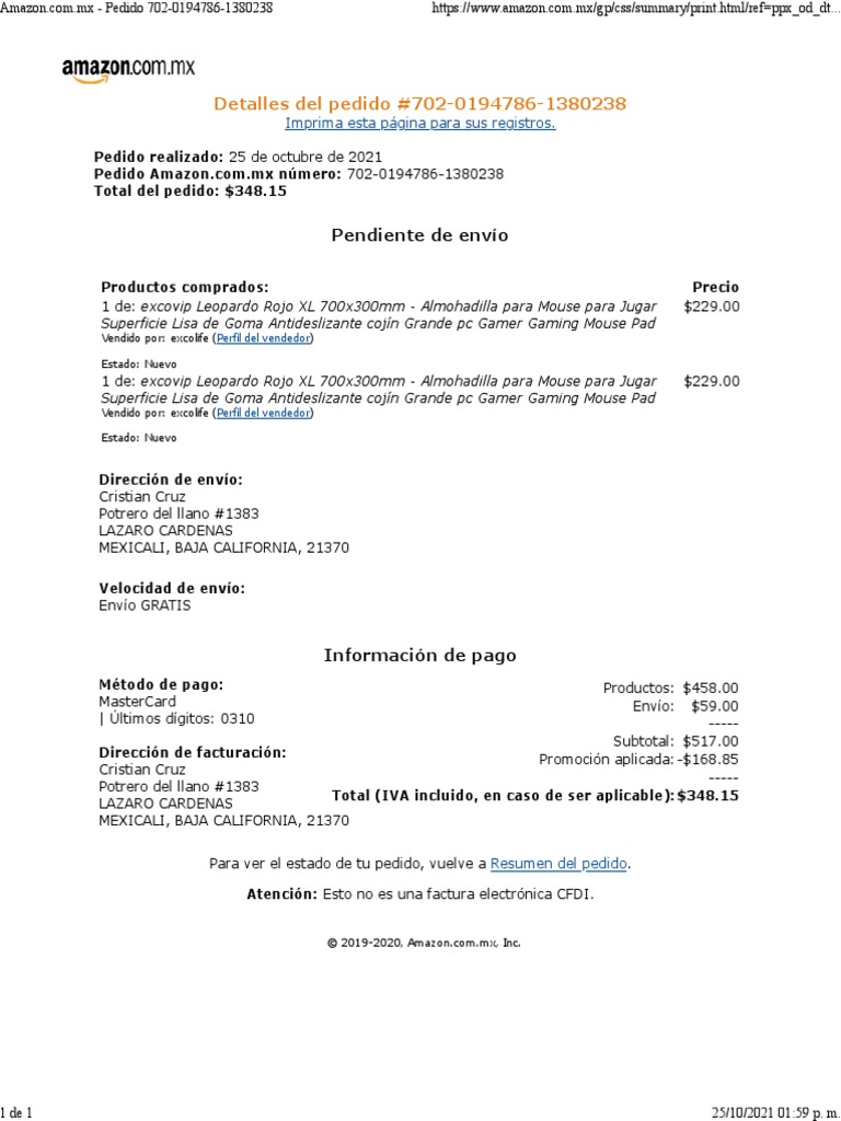 Detalles del pedido #702-0194786-1380238 de Amazon.com.mx incluyendo ...