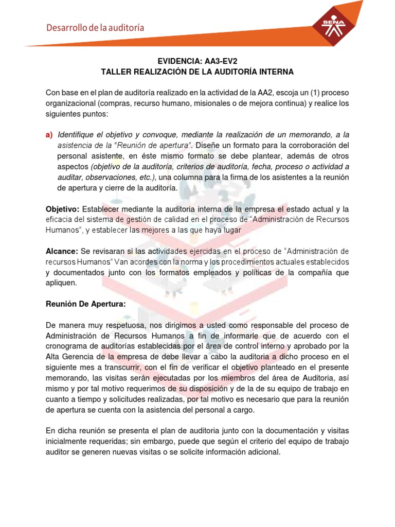 Formato Evidencia AA3 Ev2 Taller Luis Alejandro Alvarez Rengifo | PDF | Auditoría | Gestión de ...