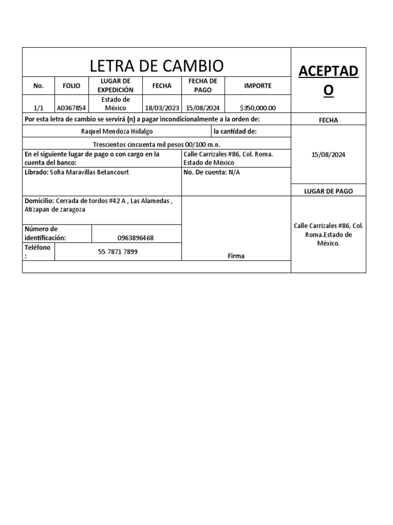 Ejemplo Letra de Cambio | PDF